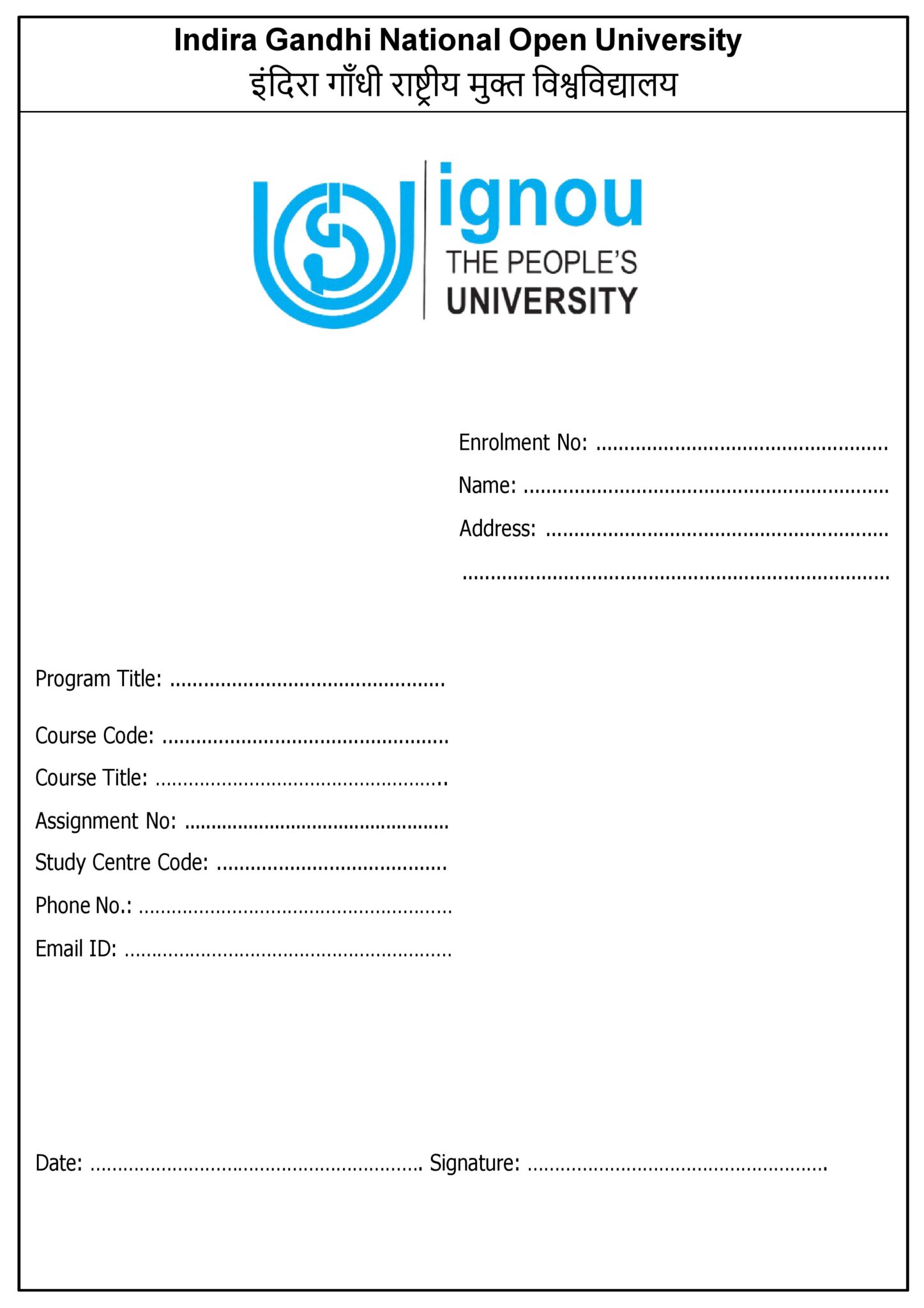 Editable Cover Page For IGNOU Assignments - Dr Vinesh Kumar