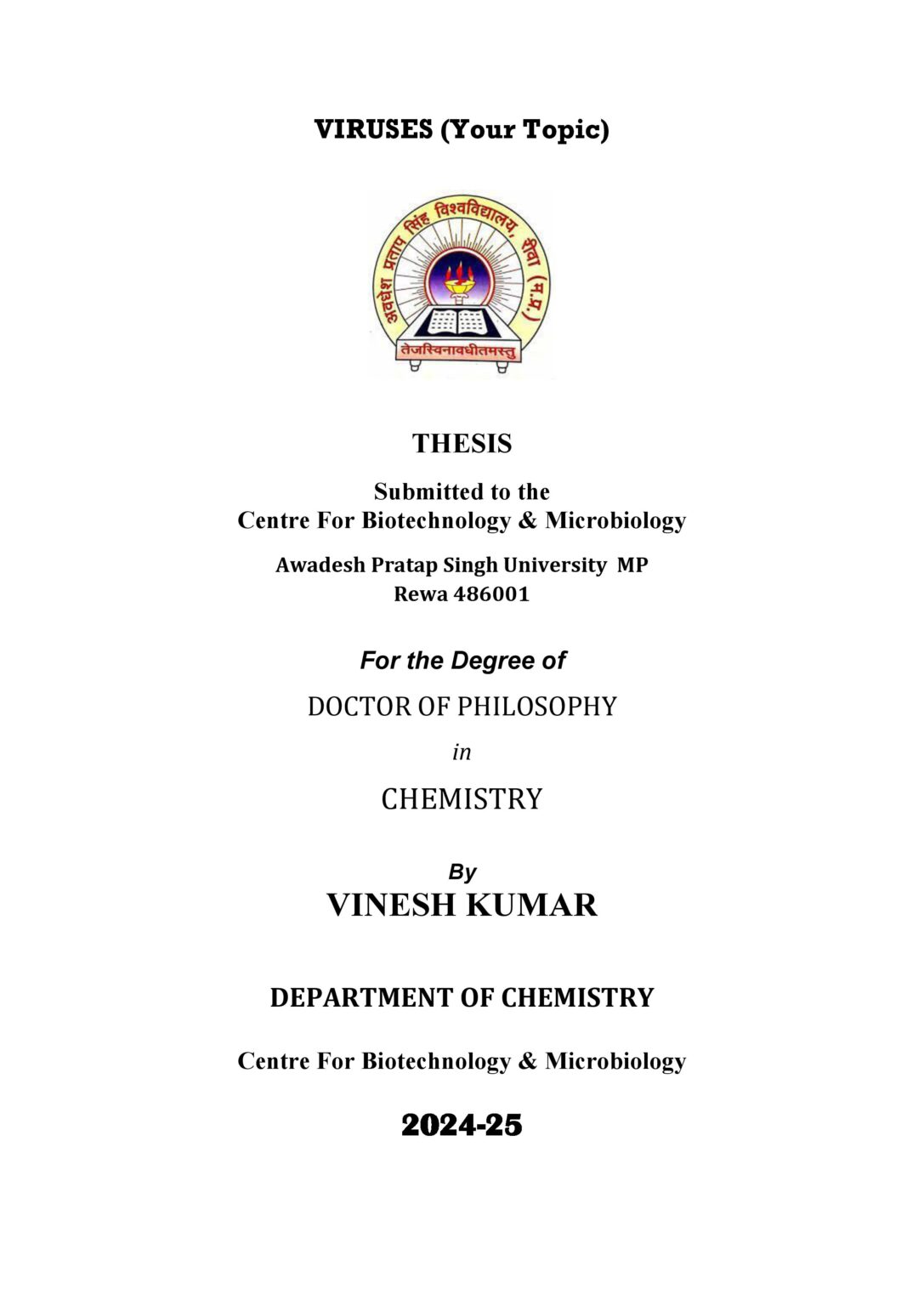 Editable Cover Page for PhD Thesis - Dr Vinesh Kumar