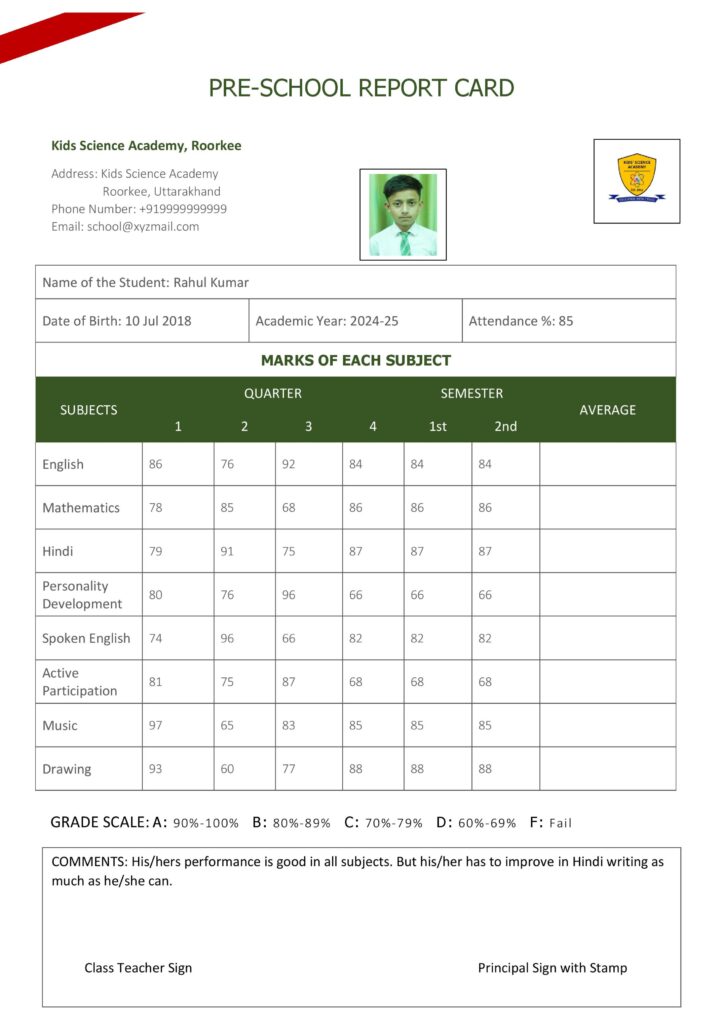 PRE-SCHOOL REPORT CARD (Editable) - Dr Vinesh Kumar