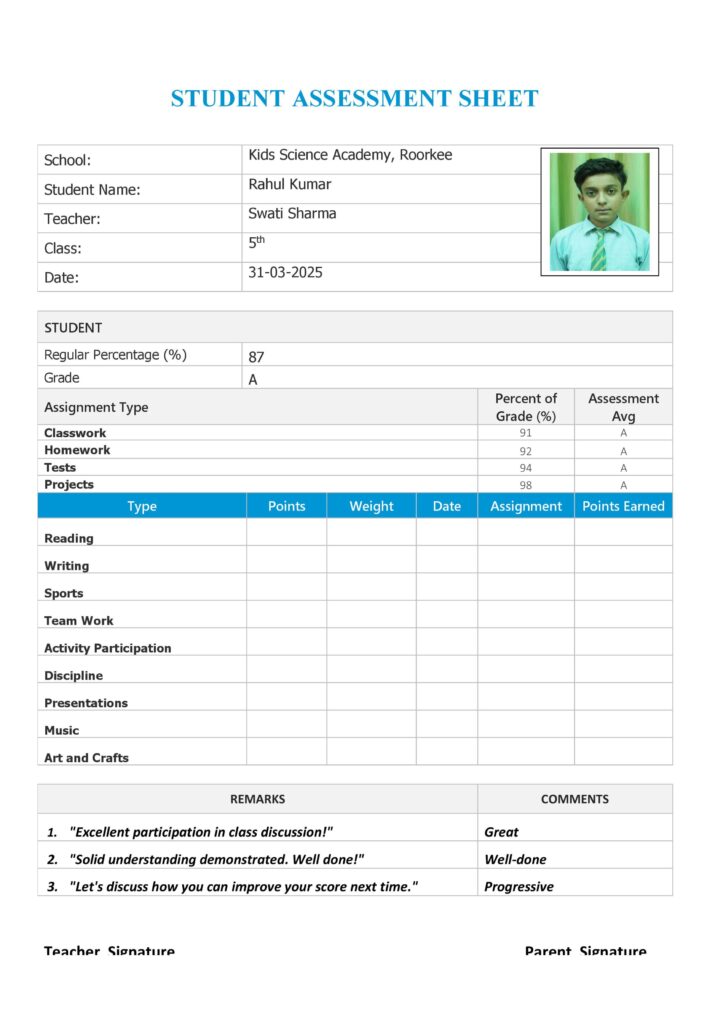 Student Assessment Report Sheet Templet Editable - Dr Vinesh Kumar